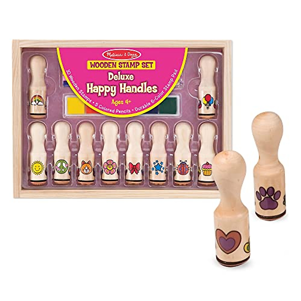 Melissa & Doug Deluxe Happy Handle Stamp Set With 10 Stamps, 5 Colored Pencils, and 6-Color Washable Ink Pad