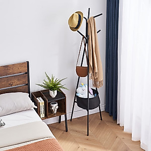 VECELO Coat Rack Freestanding,Hall Trees with Storage Basket,Entryway Clothes Stand with Shelf for Hat,Bags,Scarf Trees with 6 Hooks,Rustic Brown and Black