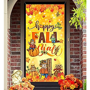 Fall Porch Decorations-Scarecrow Happy Fall Door Cover Thanksgiving Maple Leaves Pumpkin Banner Photo Background for Autumn Decor