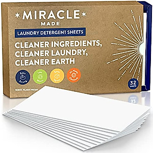 Miracle Made Liquidless Laundry Detergent Sheets - 32 Sheets (64 Loads) - Plant Fresh Scent, Plastic-Free Biodegradable Travel Eco-Strips - Dye, Bleach & Paraben Free - Eco Friendly Travel Detergent