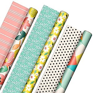 Hallmark Reversible Wrapping Paper (3 Rolls: 75 Sq. Ft. Ttl) Floral, Lemons, Bright Abstract for Birthdays, Easter, Mother's Day, Bridal Showers, Baby Showers