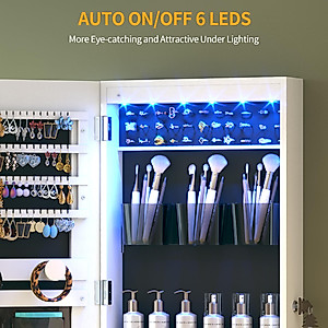 LVSOMT LED Mirror Jewelry Cabinet, Wall/Door Mount Jewelry Organizer Armoire with Lights, Full Length Mirror with Jewelry Storage, Over the Door Hanging Jewelry Cabinet (White)