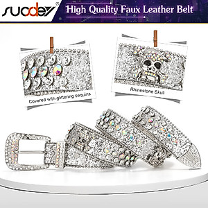 SUOSDEY Skull Rhinestone Belt for Men Women Sparkly Bling Diamond Sequin Studded Belt Western Cowgirl Cowboy Belt, Silver