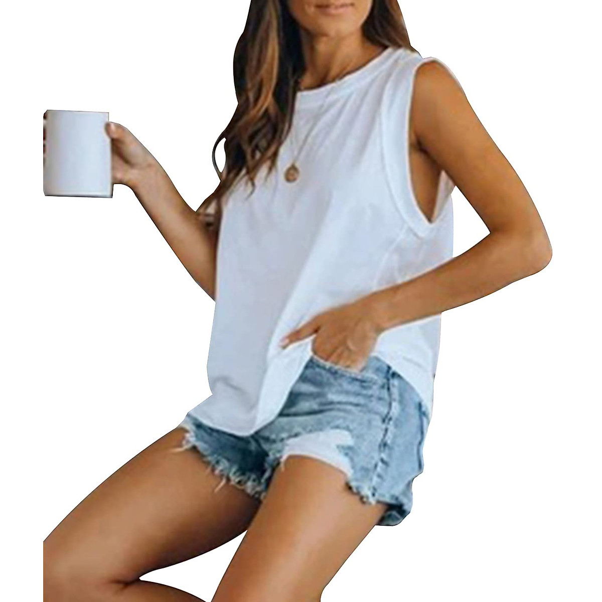 Women's Summer Sleeveless Tank Top Loose Fit Casual Crew Neck T Shirts Basic Tee Tops White