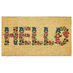 mDesign Rectangular Coir and Rubber Entryway Welcome Doormat with Natural Fibers for Indoor or Outdoor Use - Decorative Script Hello Design - Natural Black/Floral Print