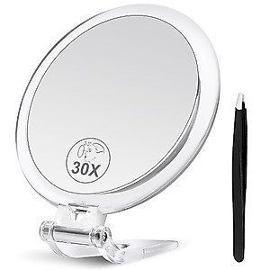 B Beauty Planet 30X Magnifying Mirror, Magnifying Mirror with Stand and Tweezers, Handheld Mirror with 30X/1X Magnification, Compact Mirror for Traveling, 30X Makeup Mirror for Pluck Eyebrows