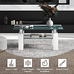 Tangkula Rectangular Glass Coffee Table, Modern Side Coffee Table w/Lower Shelf, Tempered Glass Tabletop & Metal Legs, Suitable for Living Room Office (White)