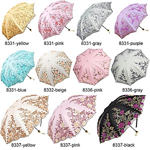 Aikelai Vintage Lace Umbrella, UPF50+ Sun Umbrella, 3D Flower Embroidery Compact Umbrella for Wedding Party and Photo Shooting (8331-yellow)