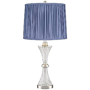 Regency Hill Luca Modern Table Lamps Set of 2 with USB Charging Port 25 1/2" High Twisted Glass Blue Shirred Fabric Drum Shade for Bedroom Living Room Bedside Nightstand House Desk Office