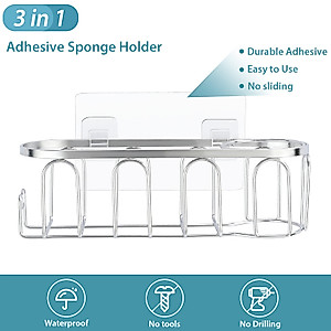 DOLRIS Kitchen Sink Caddy, Sponge Holder for Kitchen Sink, 3 in 1 Adhesive Kitchen Sponge Holder + Brush Holder + Hooks, Kitchen Sink Accessories SUS304 Stainless Steel,Silver