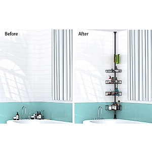 Kadolina Corner Shower Caddy Tension Pole, 4 Tier Shower Basket Shelves, 53-120 inch Adjustable Height Shower Storage Rack, Bathroom Bathtub Shampoo Holder Organizer Shower Accessories (Black)