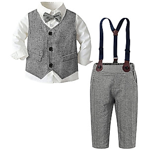 Boys Dress Clothes Set, 3PCS Baby Boy Formal Suits with Bowtie Dress Shirt + Suspender Pants + Suit Vest Wedding Clothing Outfits for Boys， Grey Zsl， 18-24 Months = Tag 90