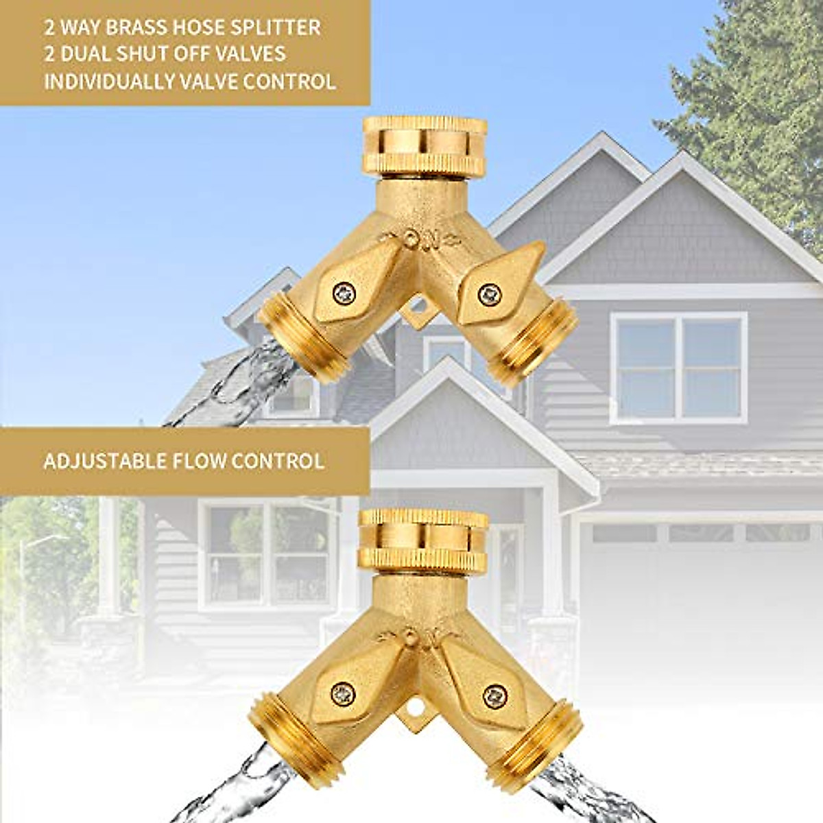 Garden Hose Splitter 2 Way - Heavy Duty Solid Brass Hose Y Splitter，Hose Faucet Splitter,3/4" Brass Hose Adapter Connectors Shut Off Valve, Hose Spigot Adapter 2 Valves, Plus 4 Extra Rubber Washers.