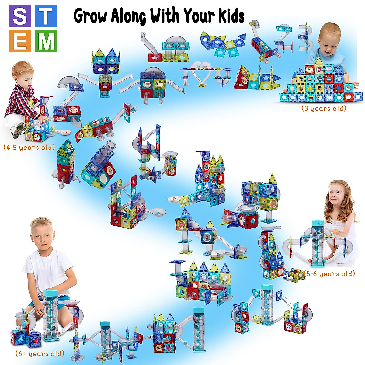 Couomoxa Elevator Magnetic Marble Run Race Track Magnetic Tiles Magnet Building Block Educational Construction Toy Play Set STEM Kit Toys for Kids Ages 3 4 5 6 7 8 10+Year Old Boys Girls Gift