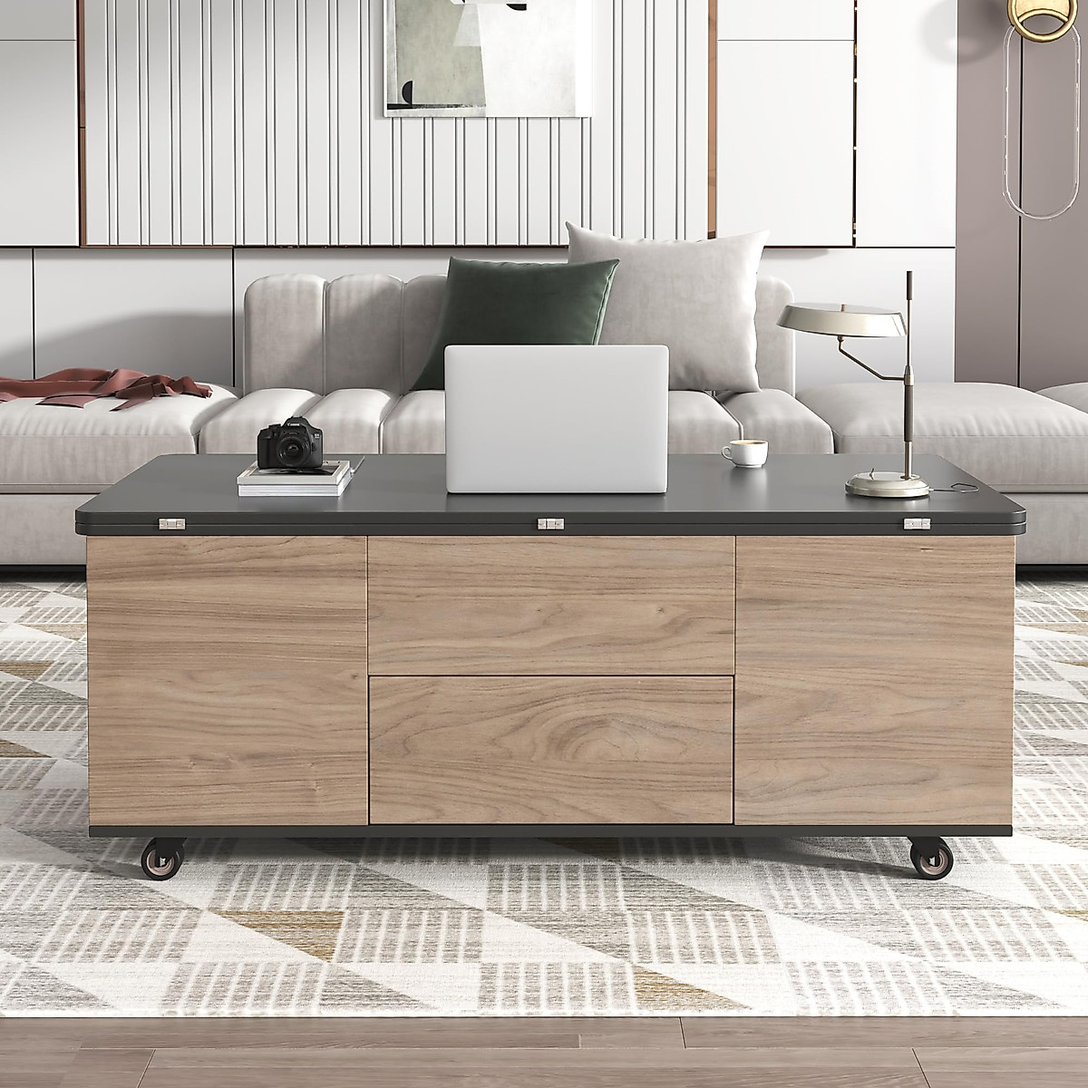 Merax Lift Top Coffee Table,with Fixable Wheels Open Storage Extendable Desktop Drawers