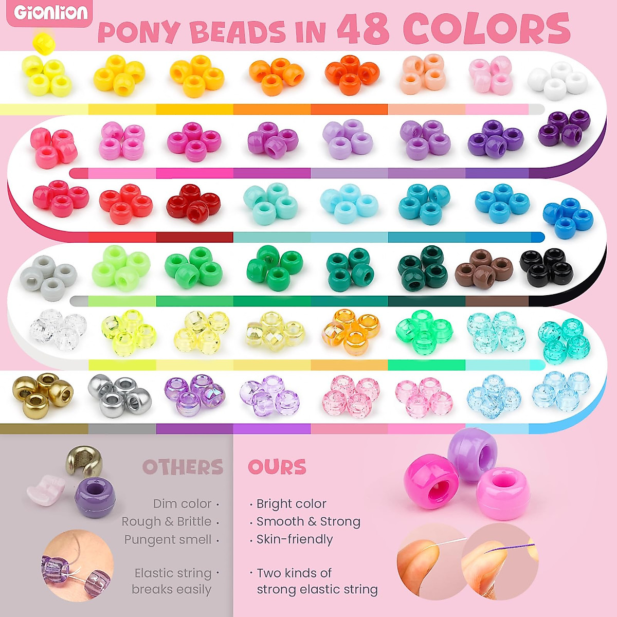 Gionlion 4200Pcs Pony Beads for Bracelet Making Kit, 48 Colors Christmas Bracelet Making Kit, 2500pcs Rainbow Kandi, 1700pcs Friendship Letter Beads with 20 Meter Elastic Strings for Jewelry Making