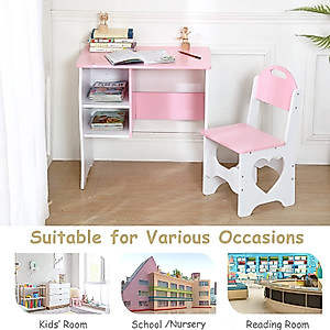 ocinone Kids Desk and Chair Set, Children Study Desk with Storage Shelf, Wooden School Study Table, Writing Table for Home School Use(pink white)