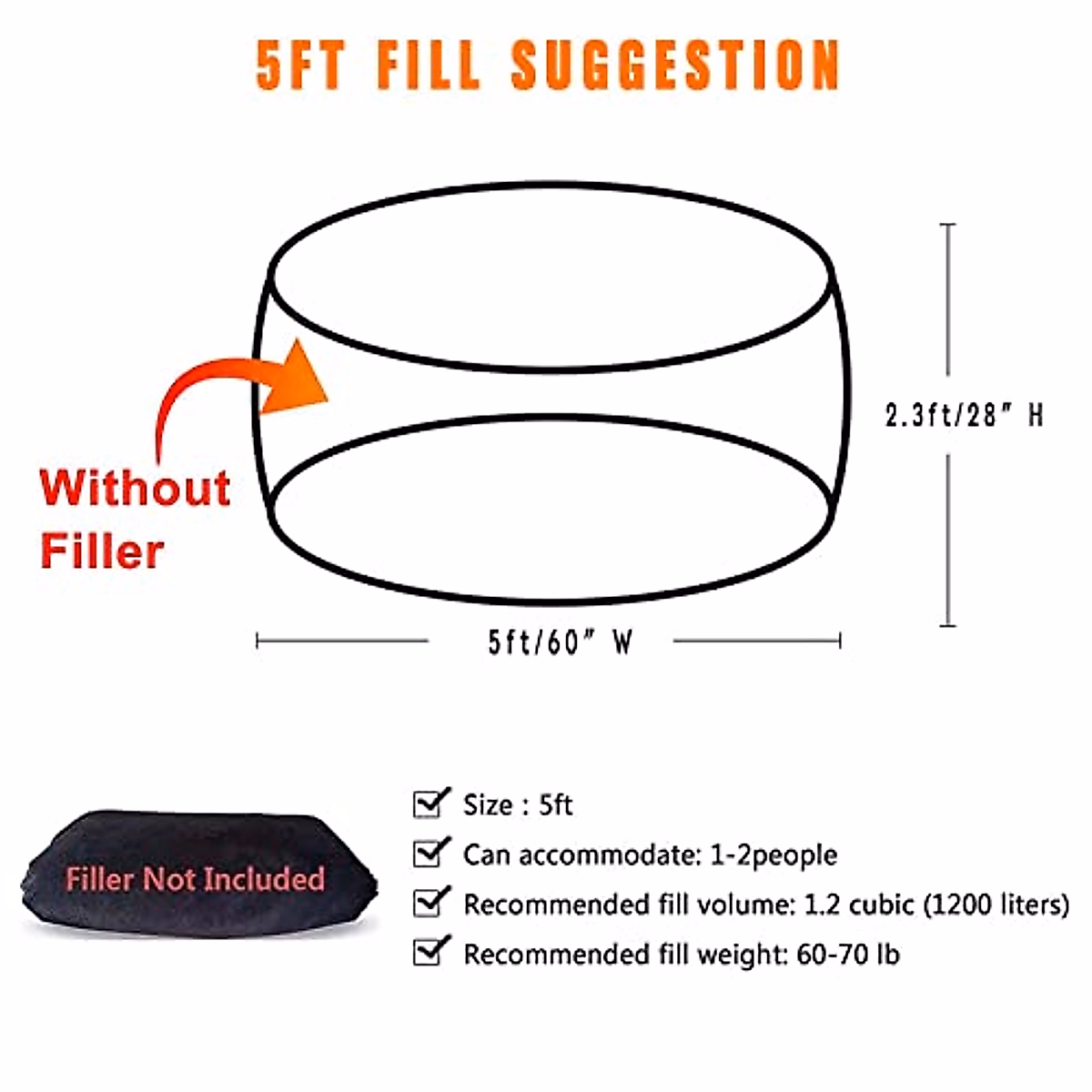 ZGLCQSGY Bean Bag Chair Cover 5ft Fluffy Bean Bag Chairs for Adults PvFur Light Grey BeanBag Cover Living Room Furniture