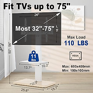 YOMT Floor TV Stand with Swivel Mount for Most TVs up to 75 Inch, Tall Corner TV Stand with Height Adjustable Shelf, Universal TV Mount Stand Holds up to 110 LBS, Upgrade Sturdy Wood Base, White