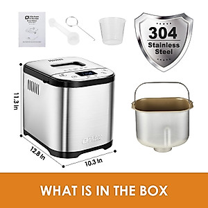 Kitchen in the box Bread Maker Machine with Gluten-Free Setting, 2LB 1.5LB 1LB Automatic Breadmaker with Homemade Cycle, 15-in-1 Stainless Steel Bread Maker with Recipes-Silver