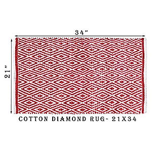 Ramanta Home 100% Cotton Diamond Rug 21x34 Hand Woven Reversible Washable Rug - Red,Farmhouse Bathroom Rugs,Entry Rugs,Rugs for Living Room,Rag Rug,Kitchen Rug Cotton,Machine Washable Rug,Woven Rug