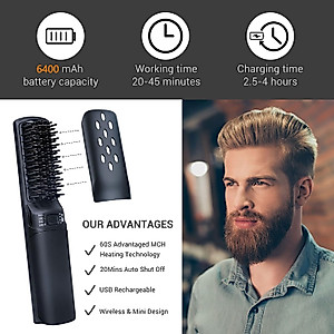 IHHAIR Premium Beard Mini Straightener Brush, Professional Straightener Brush for Men, Rechargeable 6400 mAh Straightening Tool Heated Comb, for Short & Long Beards for Home and Travel