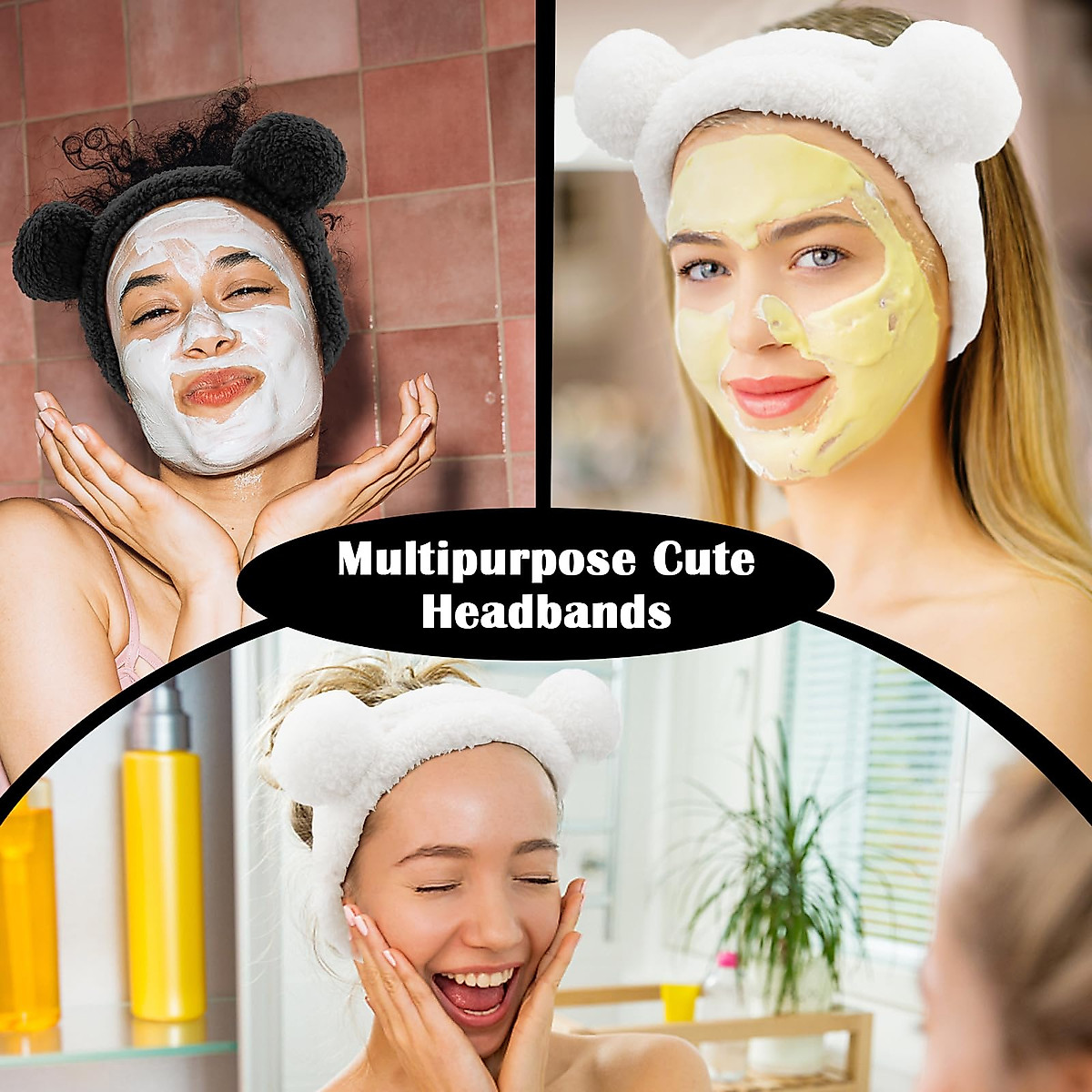 Ondder 2 Pcs Bear Ears Skincare Headbands - Black & White Spa Headbands for Makeup, Cosmetic, Spa & Party