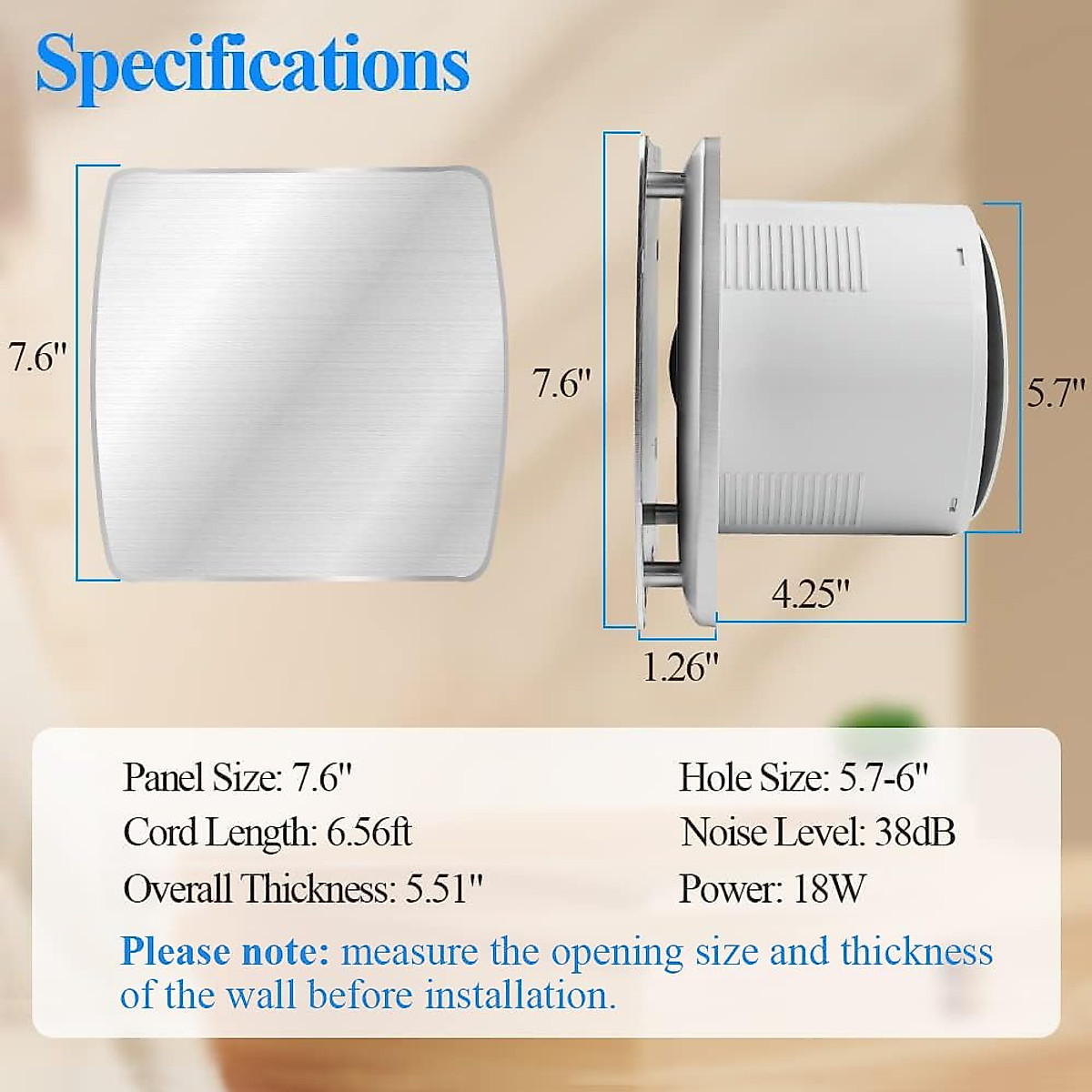 WiseWater Bathroom Exhaust Fan 140CFM 38 dB 6” Duct 7.6" Panel Extractor Fan, Ceiling&Wall Mounted Ventilation Fan for Bathroom, Laundry Room, Bedroom, Office
