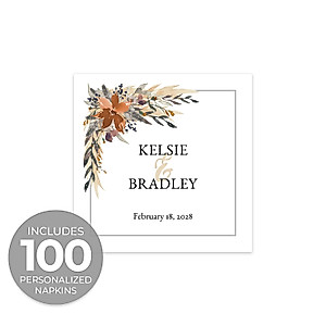 Indie Autumn Floral Personalized Wedding Beverage Napkins / 100 Custom 4 3/4" x 4 3/4" Boho Floral Cocktail 3 Ply Napkins/Bridal Shower Engagement Party Supplies/Made In The USA