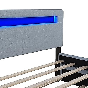 Merax Queen-Size Upholstered Storage Platform Bed with Twin Size Trundle, 2 Drawers, LED and USB Charging, Gray Wood Bed Frame