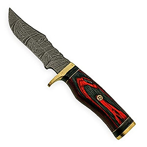 Custom Handmade Damascus Steel Hunting Knife/Skinning Knife SS-17452 (Red & Black Wood) (Red)
