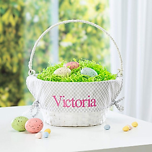Personalized Planet Easter Basket with Gray Gingham Liner, White Basket, for Kids & Adults - Custom Name, Gift for Easter