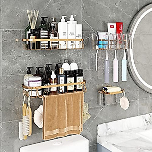 4 Pack Shower Caddy, Shower Organizer with Soap Holder, Bathroom Organizer with Hooks, Shower Shelf Stainless Steel, Shower Rack Adhesive for Bathtub, Kitchen, Rose Gold