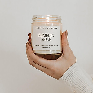 Sweet Water Decor Pumpkin Spice Candle - Fall Candles with Pumpkin, Clover, Cinnamon & Vanilla Scent for Home - Pumpkin Candle with 40 Hours Burn Time - 9Oz Gold Lid Clear Jar Pumpkin Soy Candles