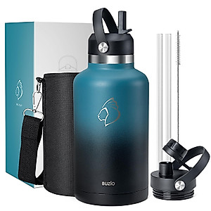 BUZIO 64oz Water Bottle Insulated, Half Gallon Stainless Steel Water Jug with Straw Lid and Carrying Pouch, Leak Proof Double Wall Thermo Water Flask Metal Canteen for Gym Sport Camping, Indigo Crush