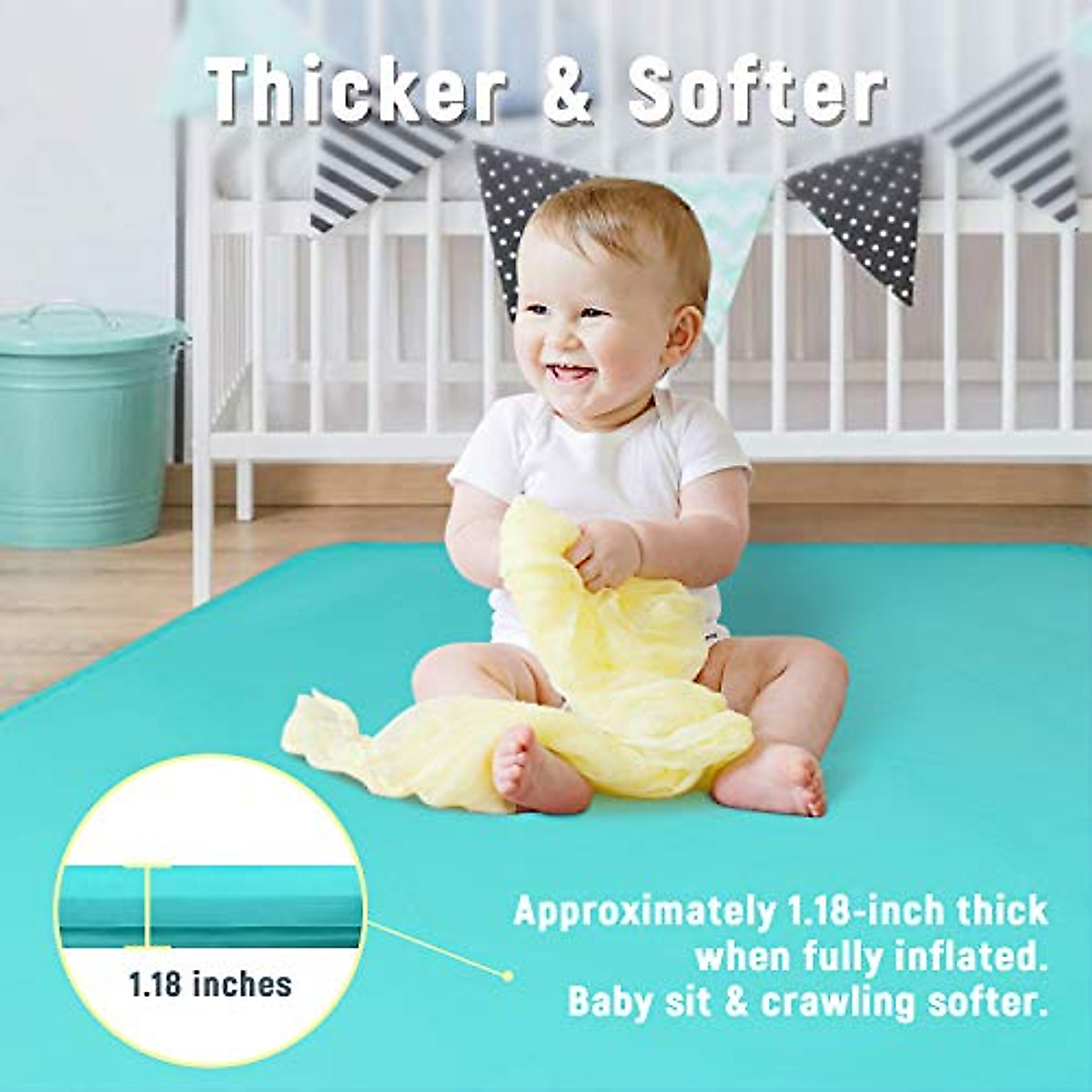 Minnebaby Hexagon Playpen Mat Compatible with Graco Traveler Playard & Regalo Play Yard, Self Inflating Playard Pad, Comfortable and Portable Playmat with Carrying Bag - Blue