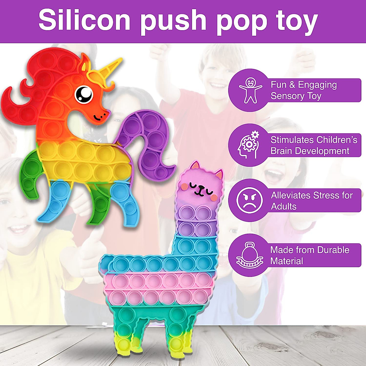 SOOTHE MIND Silicone Push Pop It Bubble Stress Relief Toy Purpose for Unisex Kids and Adults, Smiling Unicorn and Alpaca