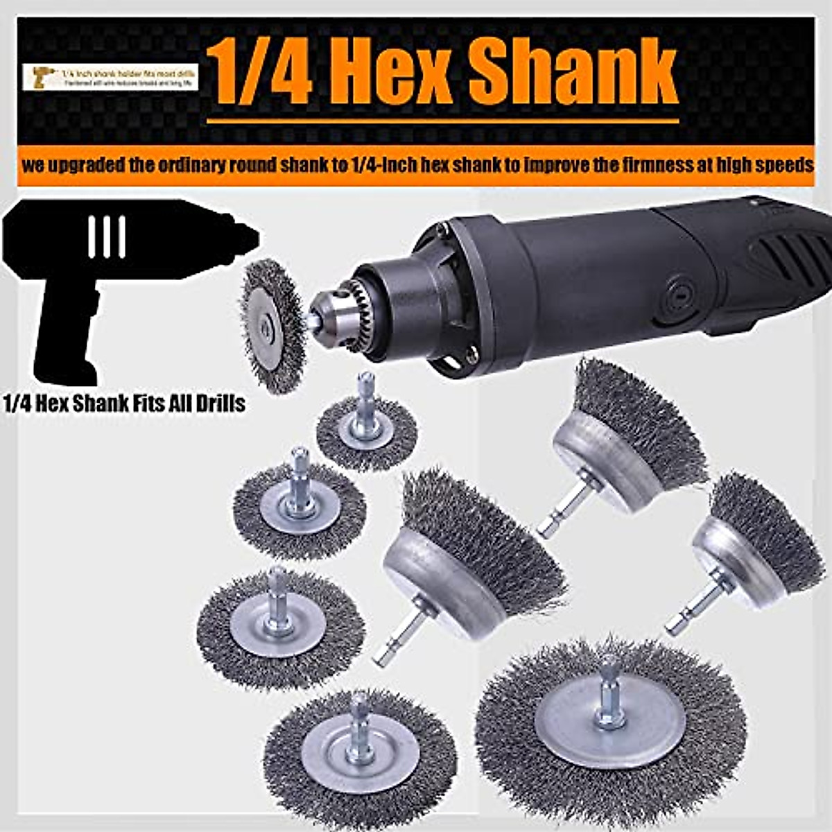 WENORA 20 Pack Wire Brush Wheel for Drill Set, Wire Brush for Drill 1/4 Inch Hex Shank 0.012 inch Coarse Carbon Steel, Wire Wheel for Drill for Cleaning Rust and Abrasive,Wire Brush Drill Attachment