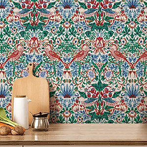 JiffDiff Vintage Wallpaper Peel and Stick Watercolor Floral Botanical Morris Wallpaper Strawberry Thief Easy Peel Off Wallpaper for Bedroom Mural Wall Decor Self-Adhesive 17.7in x 9.8ft