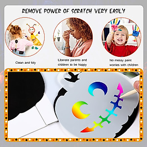 JULMELON 48 Pieces Halloween Scratch Paper Crafts Kit Bulk of Halloween Pumpkins Magic Rainbow Scratch Art for Kids DIY Party Ornaments Halloween Decor with 6 Pcs Halloween Pumpkins Stencils