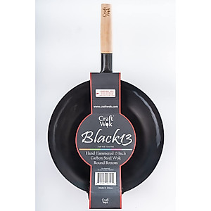 Craft Wok Black13 Pre-Seasoned Hand Hammered Carbon Steel Pow Wok with Wooden and Steel Helper Handle (13 Inch, Round Bottom)