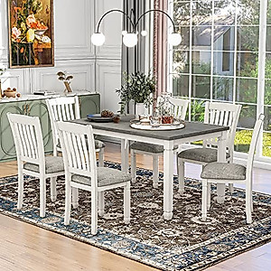 Neoclassical 7-Piece Dining Table Set, Solid Wood Kitchen Dining Room Table Set of 7, Rectangle Dining Table with 6 Upholstered Chairs and Shaped Legs, Family Dining Kitchen Set for 6