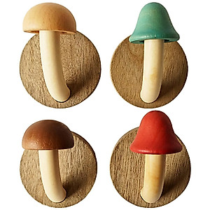PRETYZOOM Mushroom Wall Hooks: 4pcs Wooden Mushroom Wall Hanging Hook, No Punching Wall Hanger, Decorative Wall Hook Hooks for Hanging Towels Hat Coat