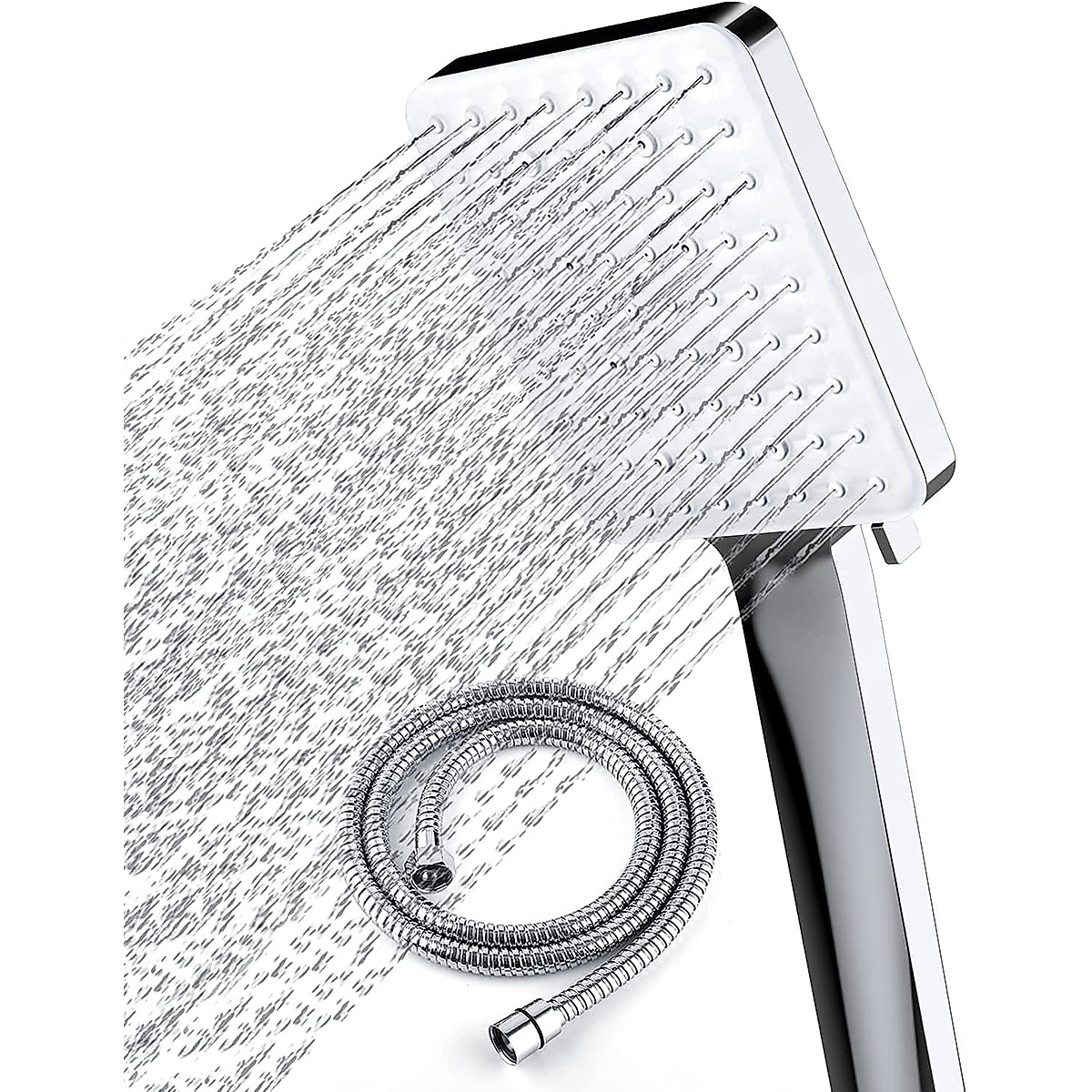 Newentor Handheld High Pressure Shower Head, 6 Spray Modes/Settings Detachable Shower Head, Chrome Finish Square Shower Head with Stainless Steel Hose and Multi-Angle Adjustable Shower Stand