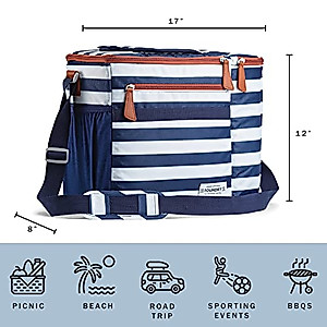 Foundry by Fit + Fresh, Brooks Dual-Compartment Insulated Cooler Bag with Wine Cooler Compartment, Food & Beverage Beach Bag, Picnic Basket, Perfect for Tailgating & Camping Accessories, Navy Stripe