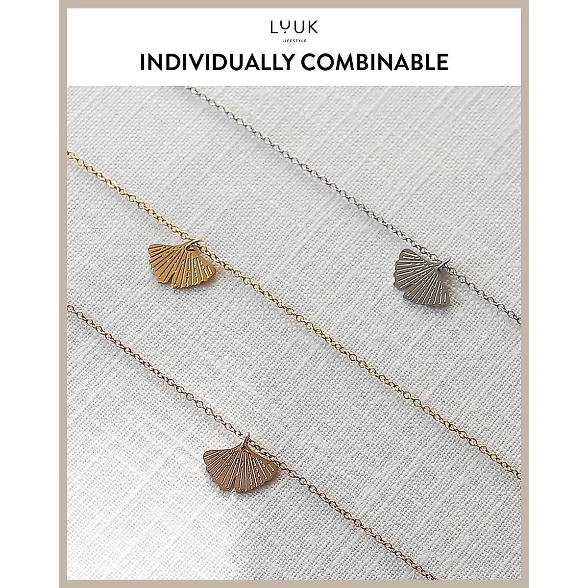 LUUK LIFESTYLE Necklace for women with ginkgo leaf pendant and HAPPINESS gift card, modern and minimalist fashion accessory, jewelry for everyday wear, good luck charm, zen yoga gift, gold