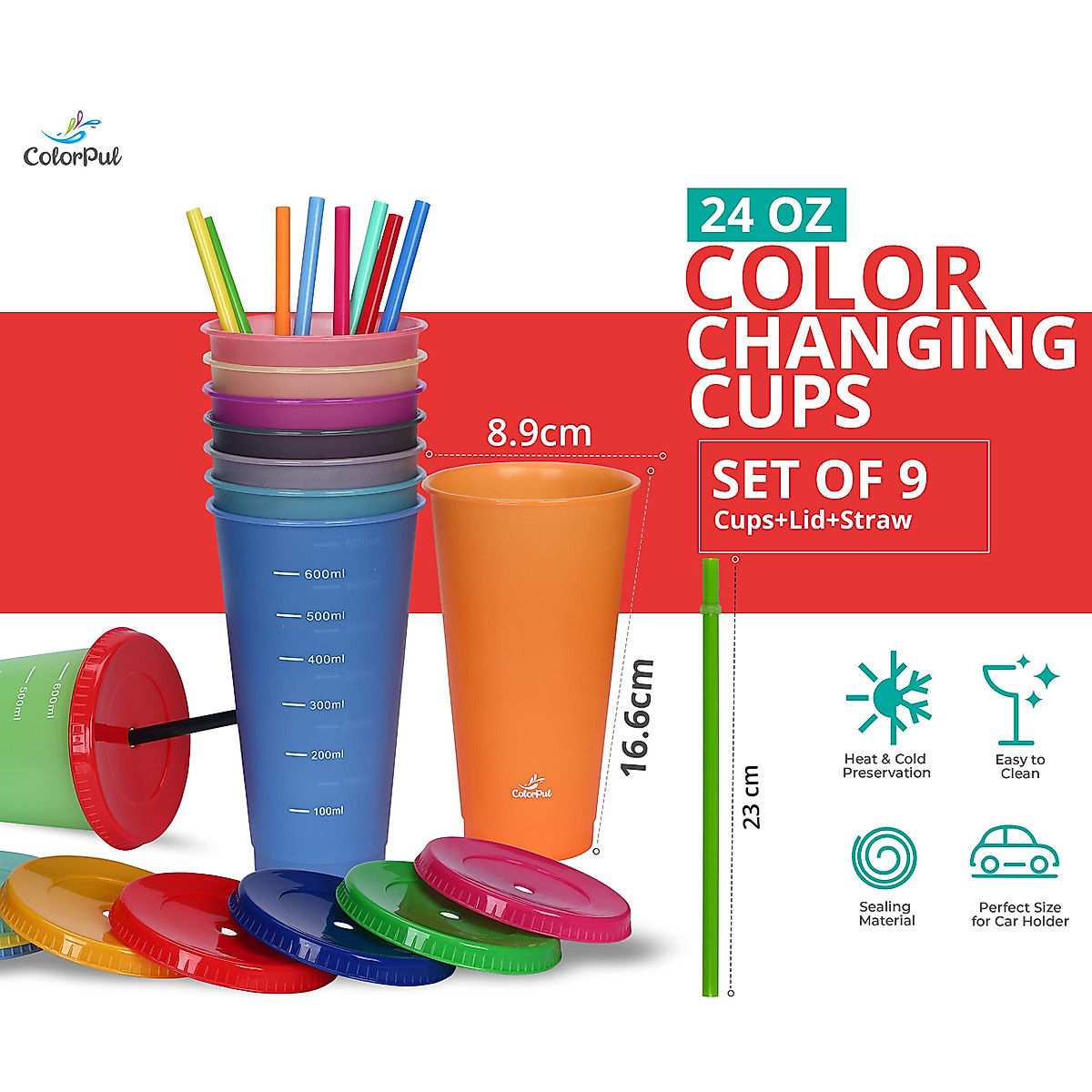 COLORPUL 24oz Plastic Tumblers - 9 Pack Color Changing Cups With Lids and Straws - Reusable Smoothie Cups for Kids