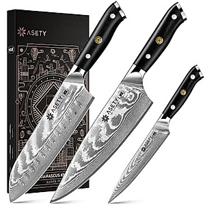 ASETY Damascus Knife Set 3 PCS, NSF Food-Safe Japanese Kitchen Knife Set with VG10 Steel Core, Ultra-Sharp Professional Chef Knife Set and Full Tang G10 Handle, Gift Box