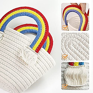 Rainbow Little Girl Basket Cute Mini Basket Small Handle Basket Girl's Handbag Basket 9.5 "*9.5" *5.5 "Fashion cotton basket with tassel Empty Gift Basket Handmade Pure cotton White Bohemian Style