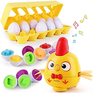 iPlay, iLearn Baby Musical Chicken W/Matching Egg Toys, Boy Girl Educational Learning Color Shape Sorter Game Egg, Interactive Montesorri Birthday Gift for 12 18 Month 1 2 3 Year Old Toddlers Infant